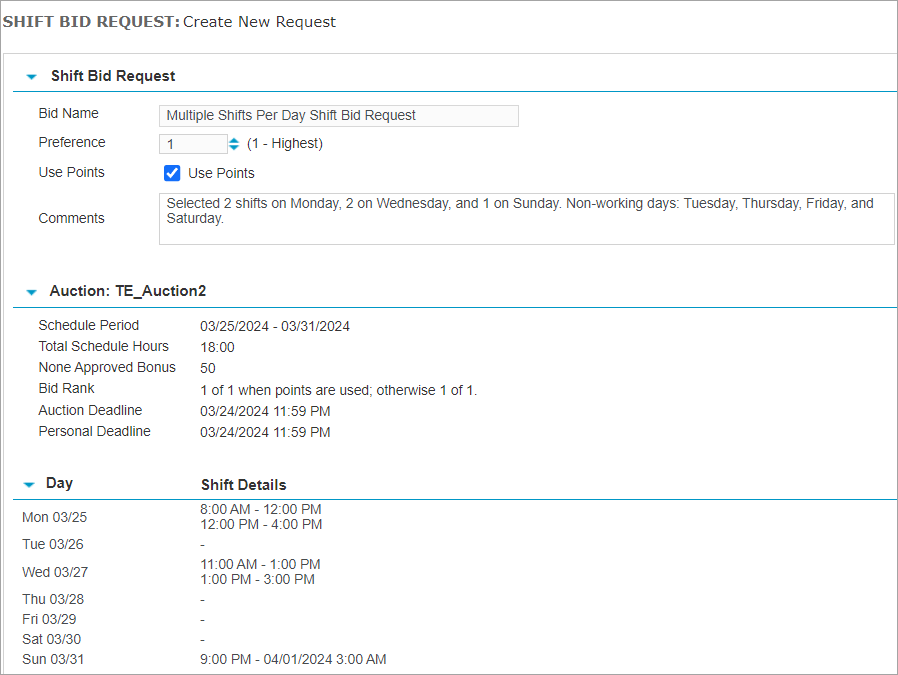 Submit a single shift bid request for a Multiple Shifts per Day auction