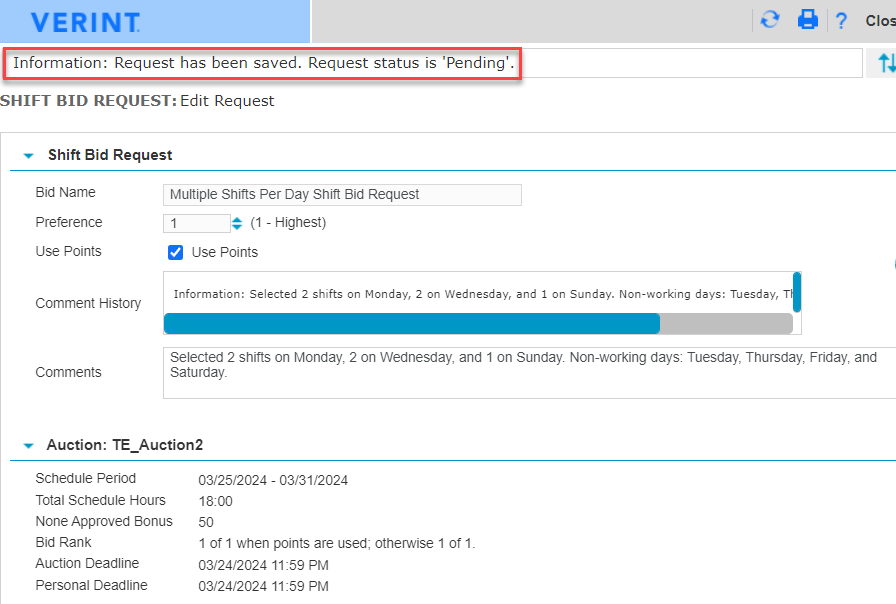 Submit a single shift bid request for a Multiple Shifts per Day auction
