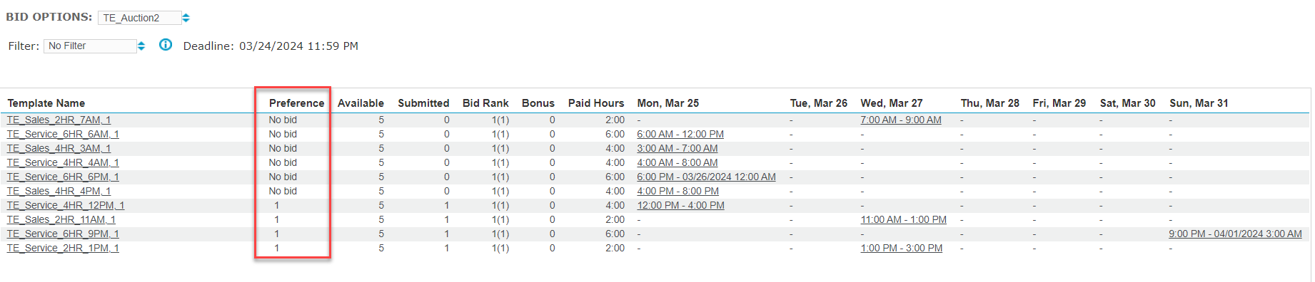 Submit a single shift bid request for a Multiple Shifts per Day auction